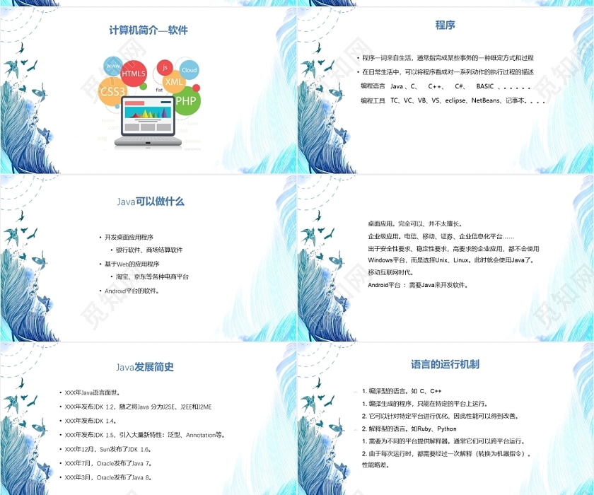 蓝色简洁风java学习java语言概述javaPPT模板下载 觅知网